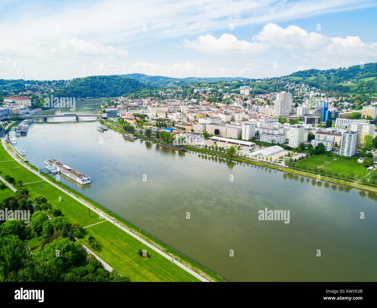 Linz city centre and Danube river aerial panoramic view in Austria ...