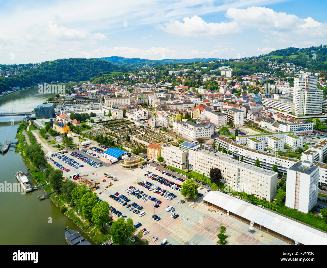 Linz city centre and Danube river aerial panoramic view in Austria ...