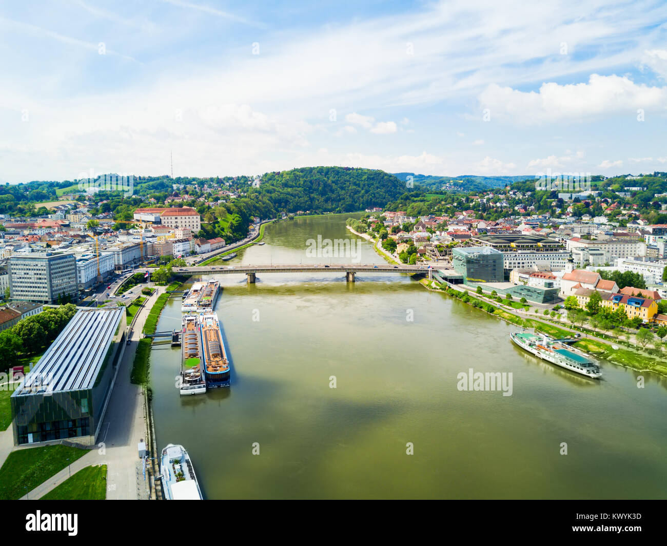 Linz city centre and Danube river aerial panoramic view in Austria ...
