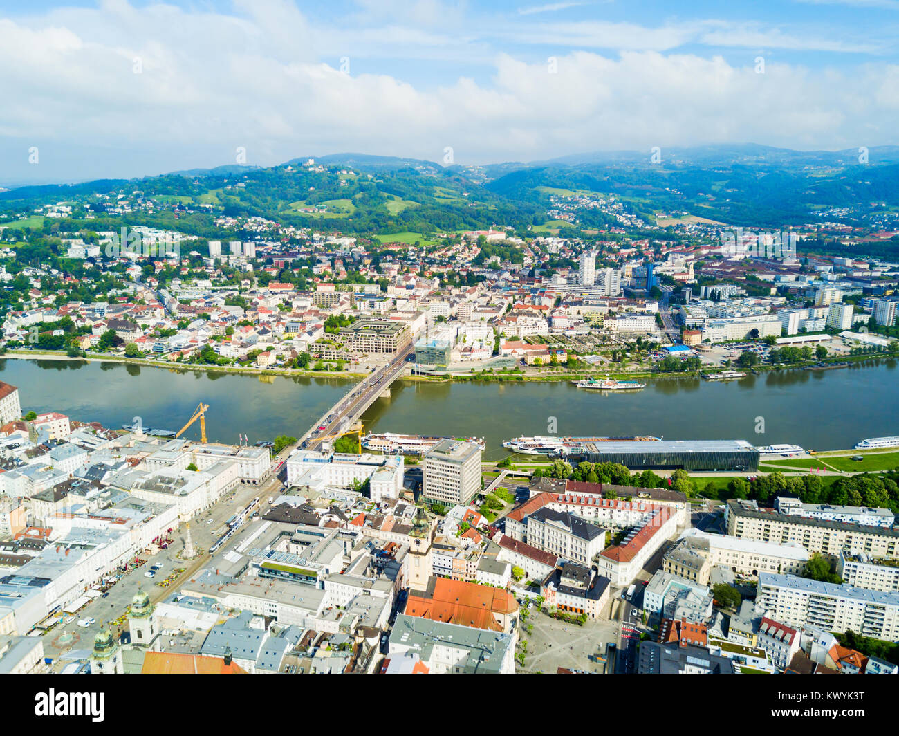 Linz city centre and Danube river aerial panoramic view in Austria ...