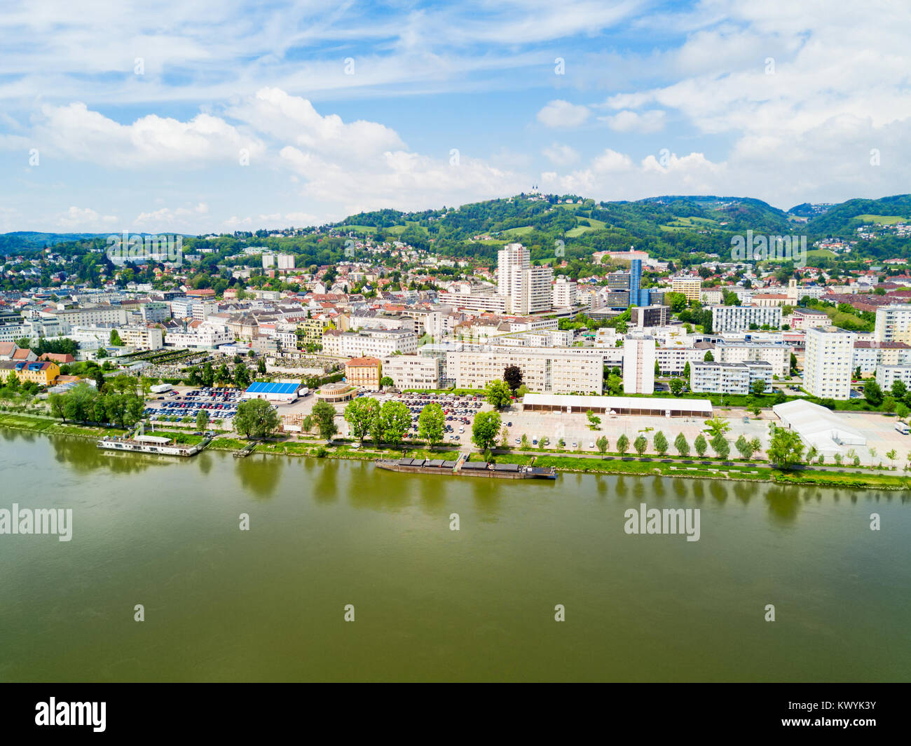Linz city centre and Danube river aerial panoramic view in Austria ...
