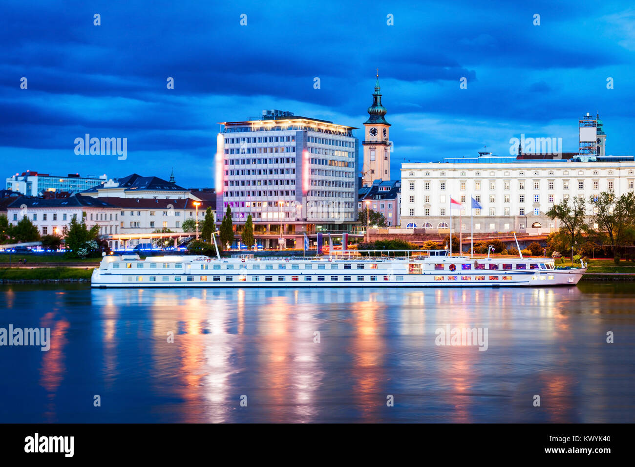 Linz city centre and Danube river in Austria. Linz is the third largest ...