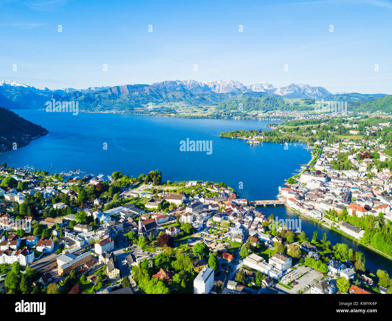 Gmunden town lakeside and Traunsee lake aerial panoramic view, Austria ...