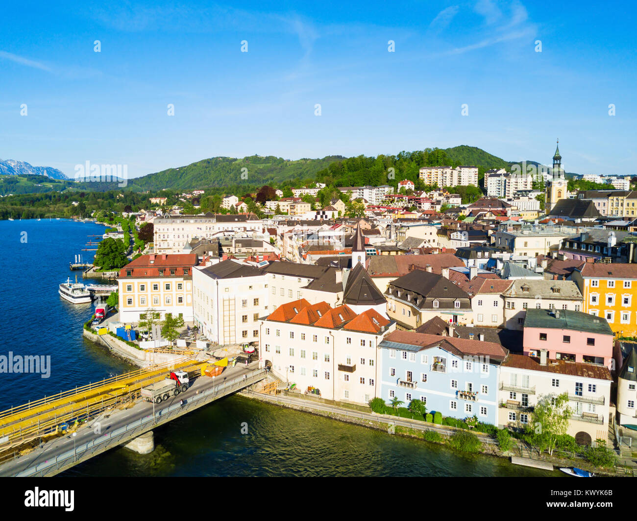 Gmunden town lakeside and Traunsee lake aerial panoramic view, Austria ...