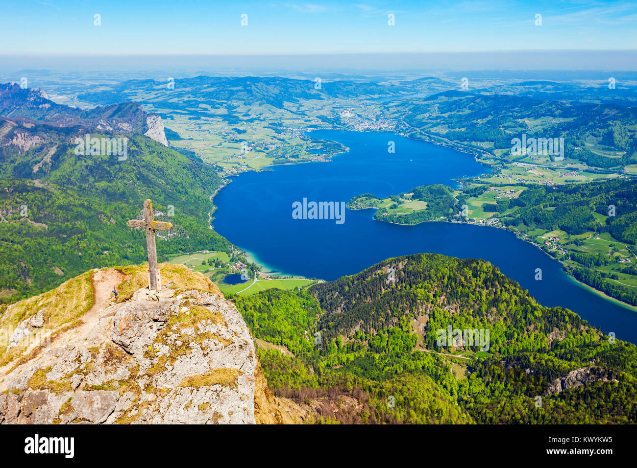 Mondsee or Moon lake aerial panoramic view from Schafberg viewpoint ...