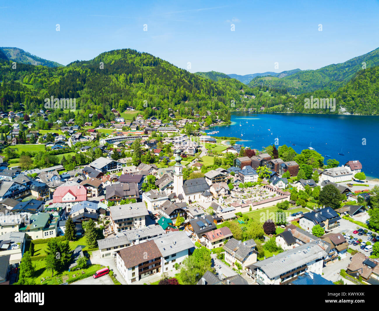 St. Gilgen and Wolfgangsee lake aerial panoramic view in Salzkammergut ...