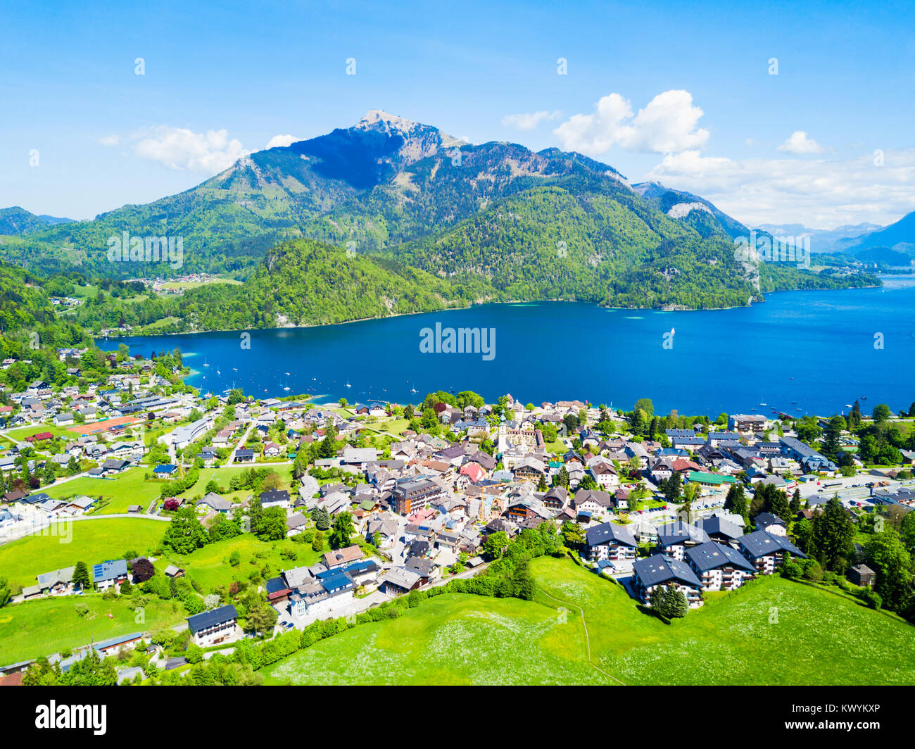St. Gilgen and Wolfgangsee lake aerial panoramic view in Salzkammergut ...
