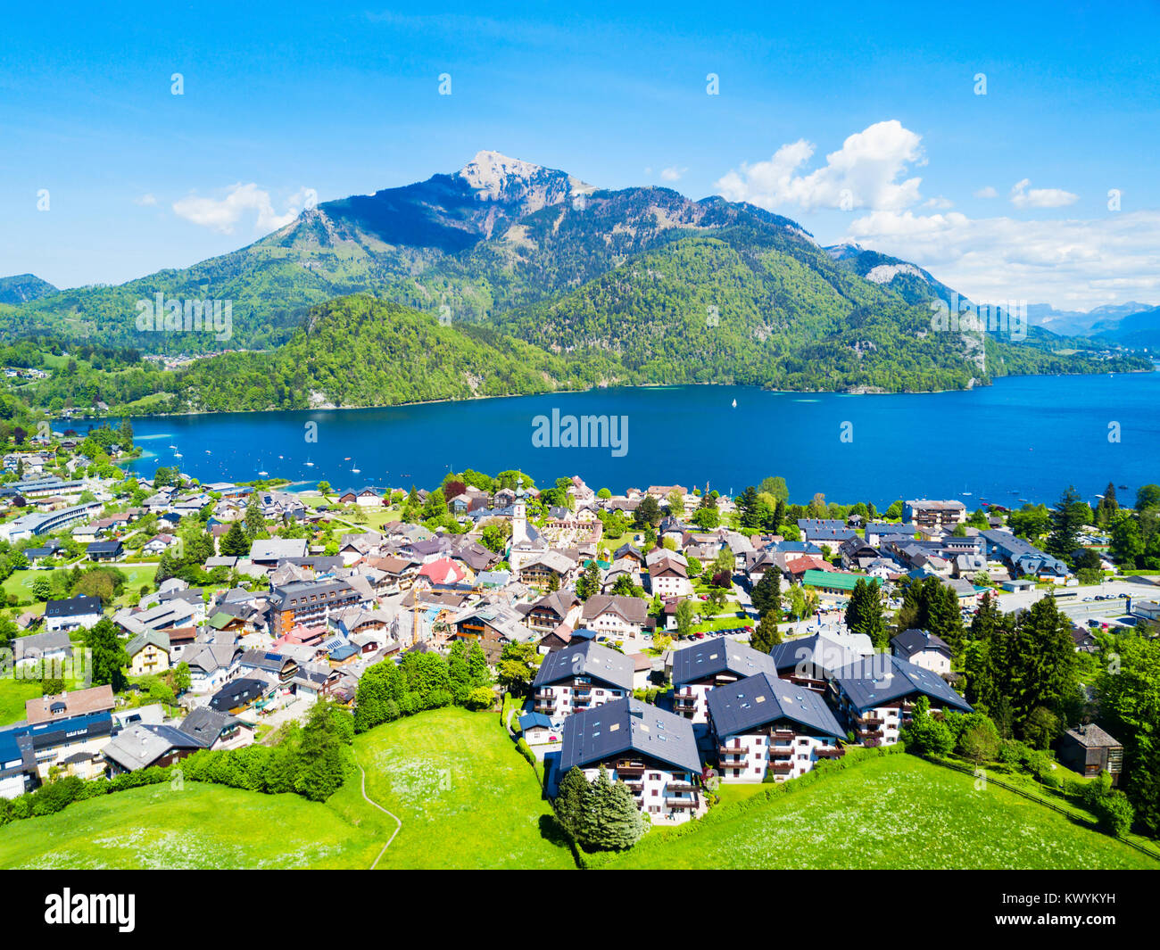 St. Gilgen and Wolfgangsee lake aerial panoramic view in Salzkammergut ...
