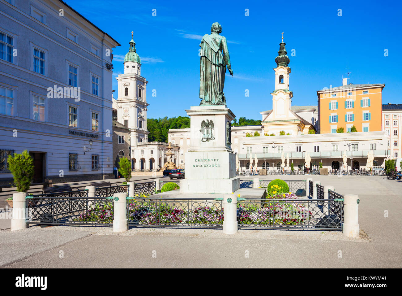 Mozart monument statue at the Mozartplatz square in Salzburg, Austria ...