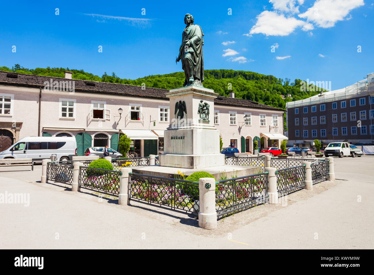 Mozart monument statue at the Mozartplatz square in Salzburg, Austria ...