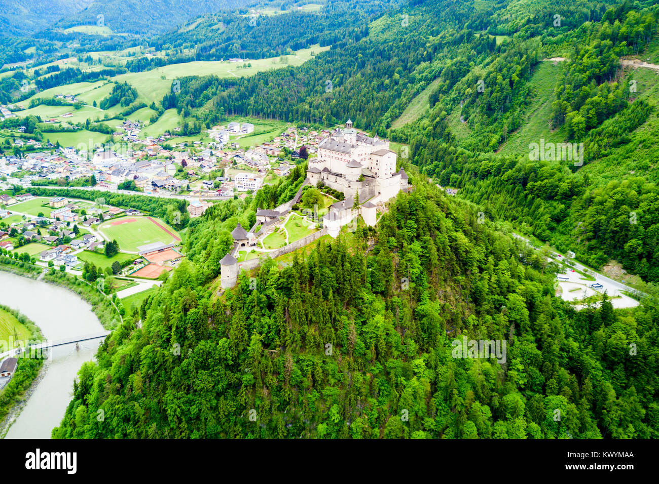 Hohenwerfen Castle or Festung Hohenwerfen aerial panoramic view ...