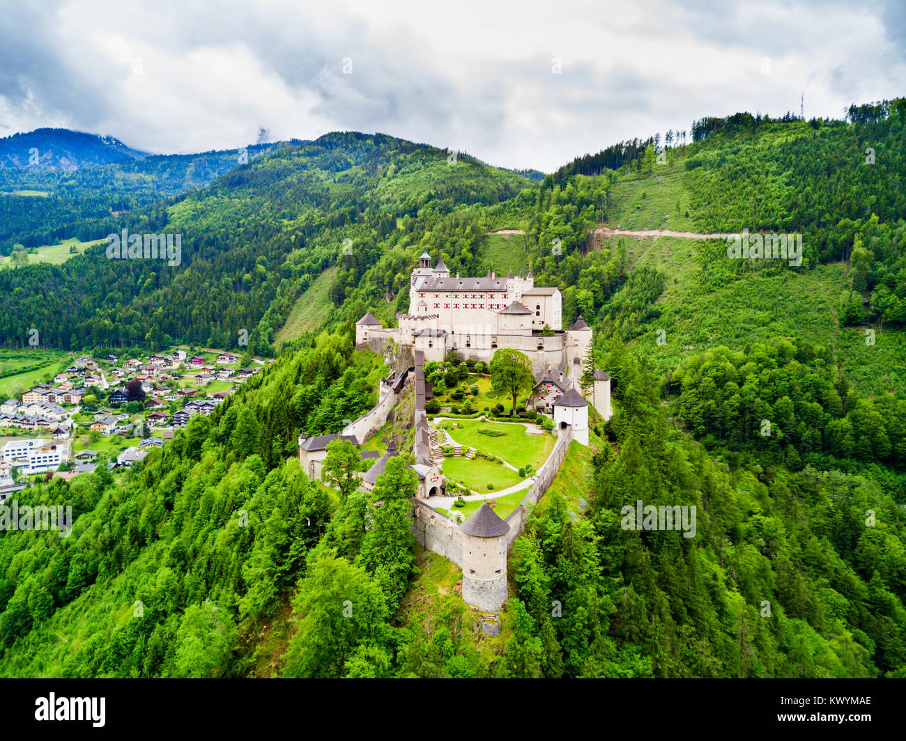 Hohenwerfen Castle or Festung Hohenwerfen aerial panoramic view ...