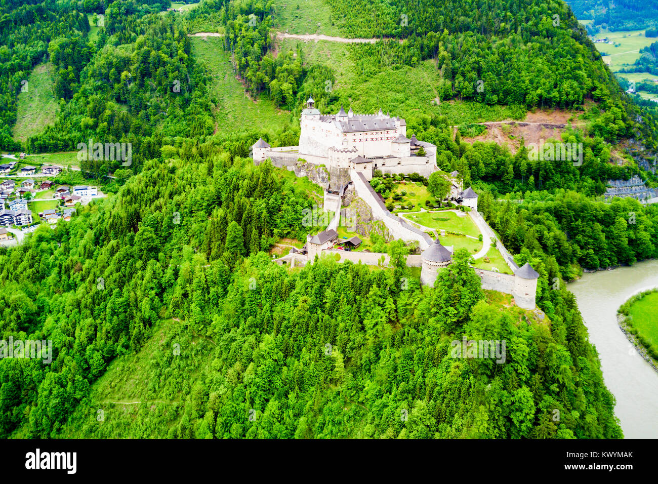 Hohenwerfen Castle or Festung Hohenwerfen aerial panoramic view ...