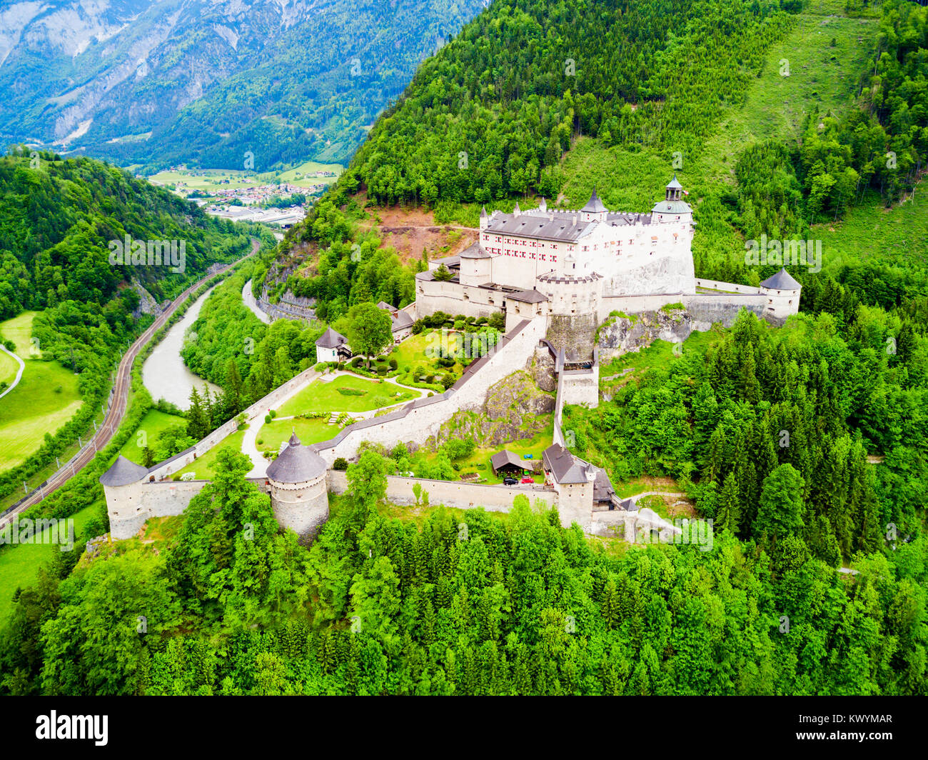 Hohenwerfen Castle or Festung Hohenwerfen aerial panoramic view ...