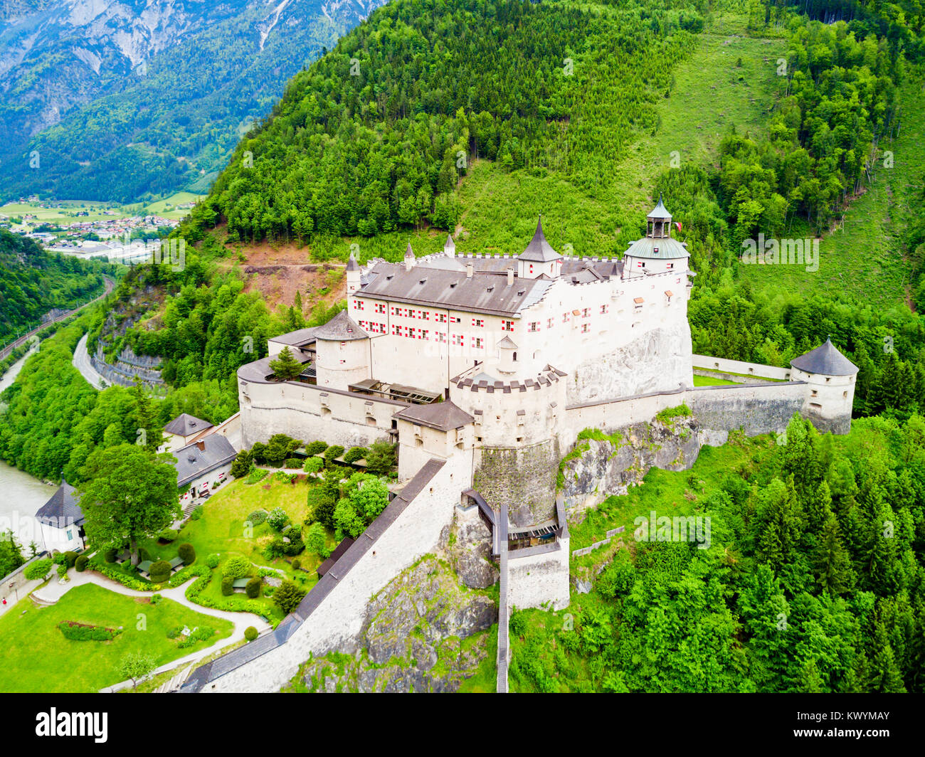 Hohenwerfen Castle or Festung Hohenwerfen aerial panoramic view ...