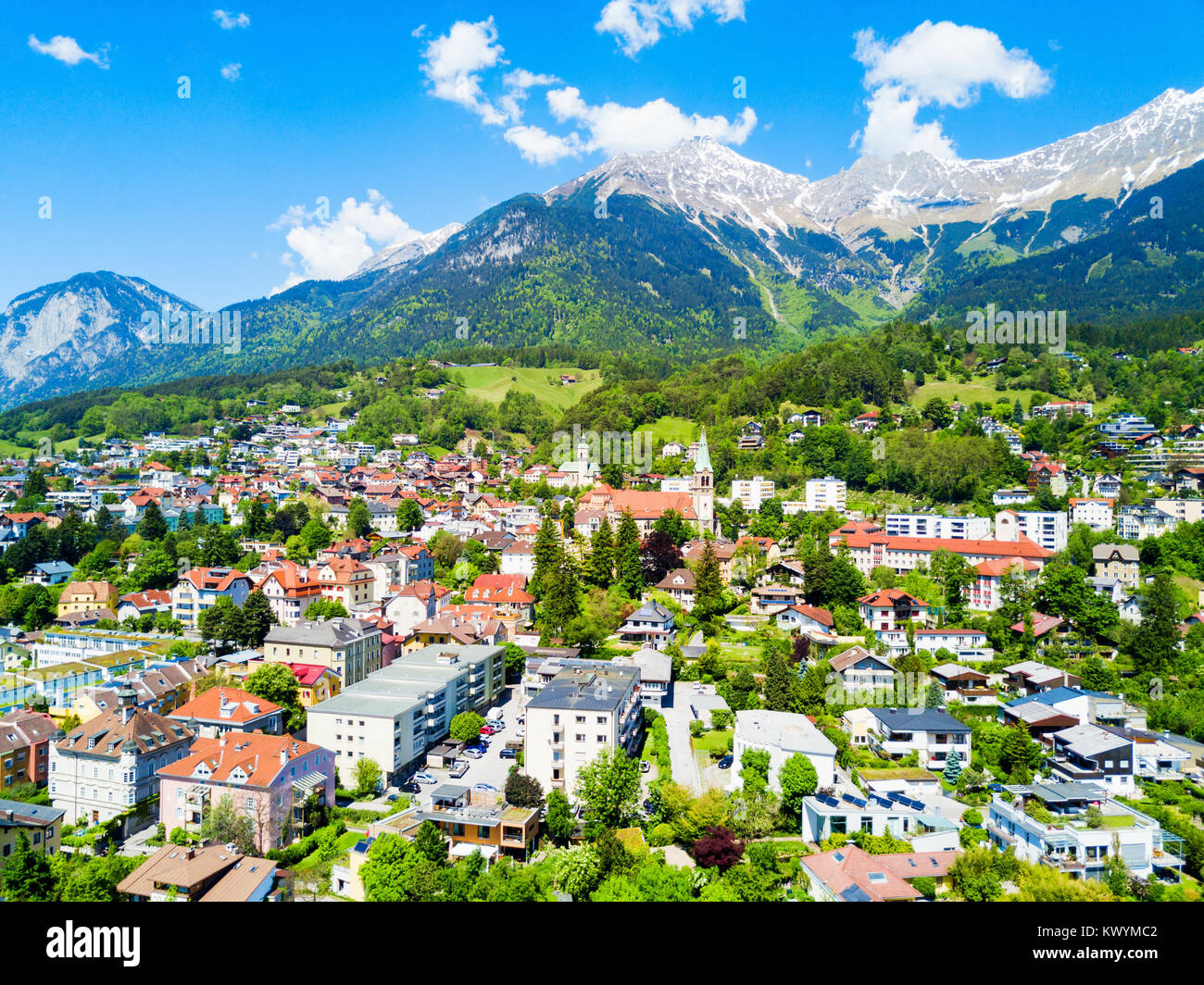 Innsbruck and Alps mountains aerial panoramic view. Innsbruck is the ...