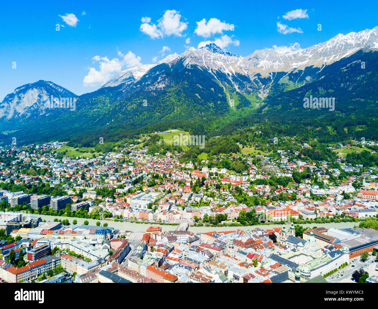 Innsbruck and Alps mountains aerial panoramic view. Innsbruck is the ...
