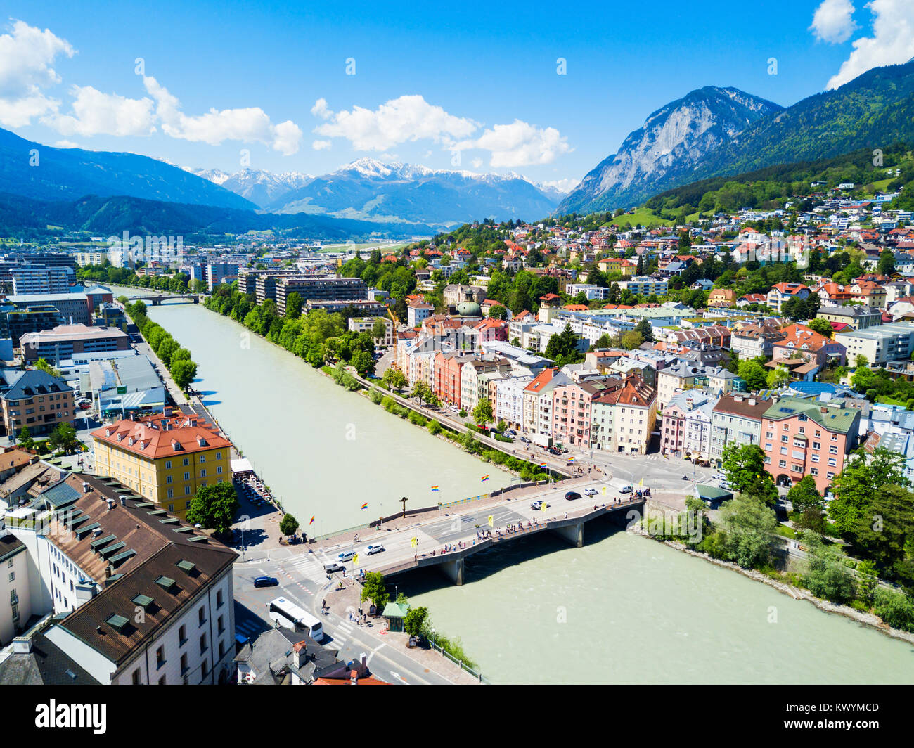 Inns river and Innsbruck city centre aerial panoramic view. Innsbruck ...