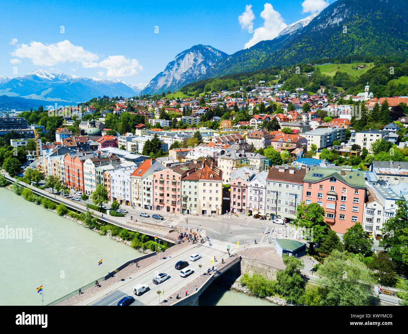 Inns river and Innsbruck city centre aerial panoramic view. Innsbruck ...