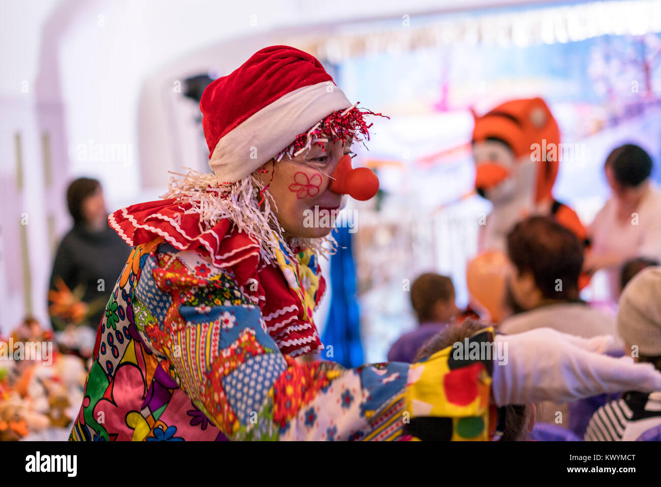 Kiev, Ukraine. January 4 2018. Clown entertains children at a children ...