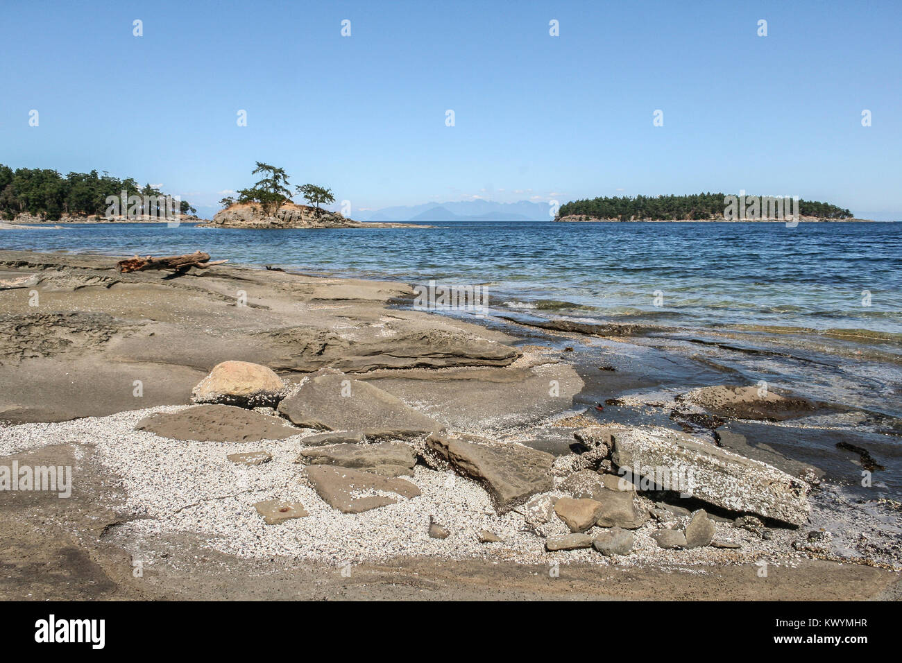 A sandstone beach on Gabriola Island, looking out at the Flat Top ...