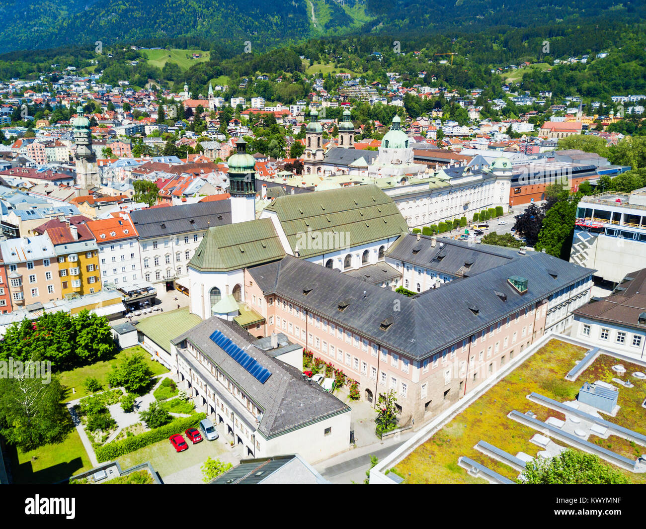 Innsbruck city centre aerial panoramic view. Innsbruck is the capital ...