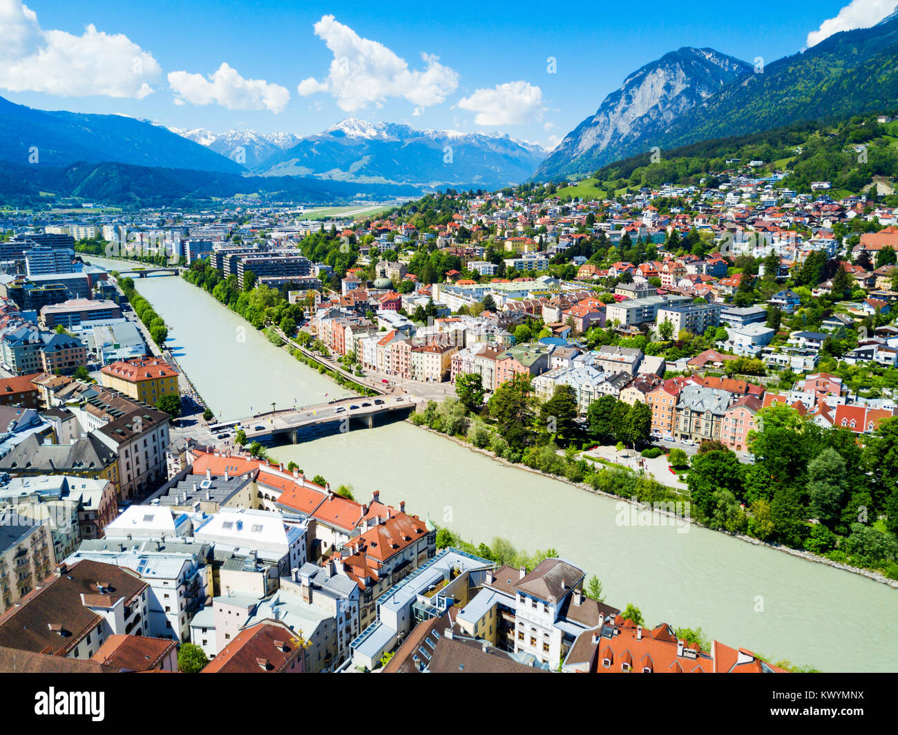 Inns river and Innsbruck city centre aerial panoramic view. Innsbruck ...