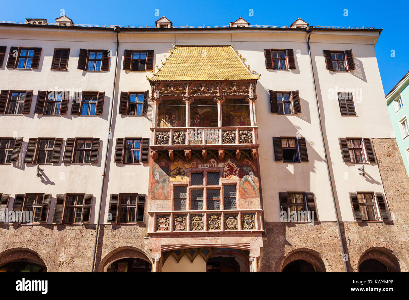 The Goldenes Dachl or Golden Roof is landmark in Altstadt Old Town in ...