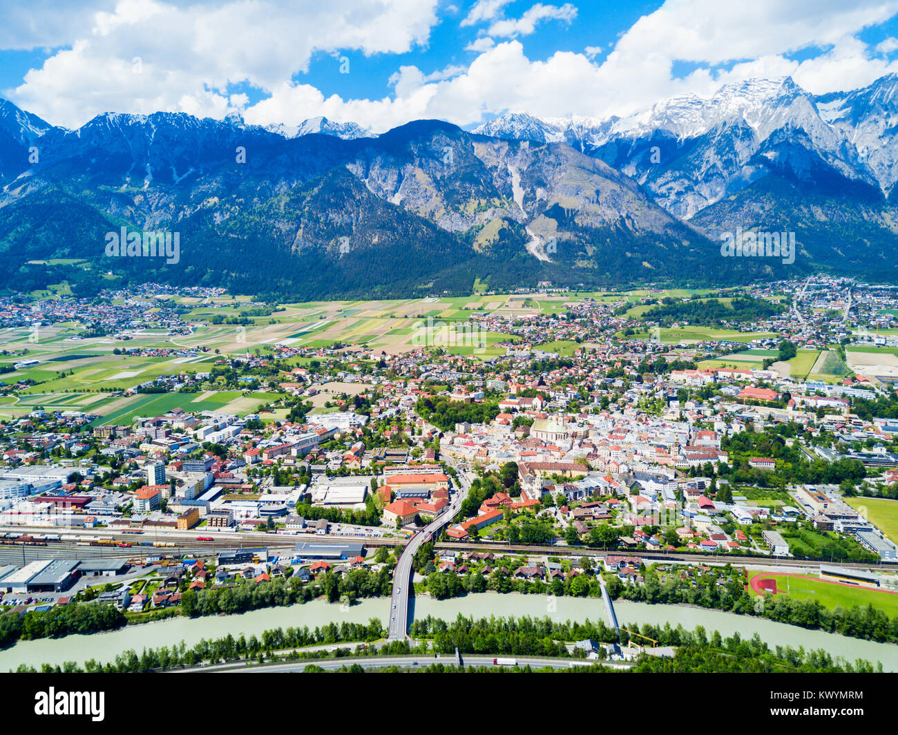 Hall in Tirol and Inn river aerial panoramic view, Austria. Hall in ...