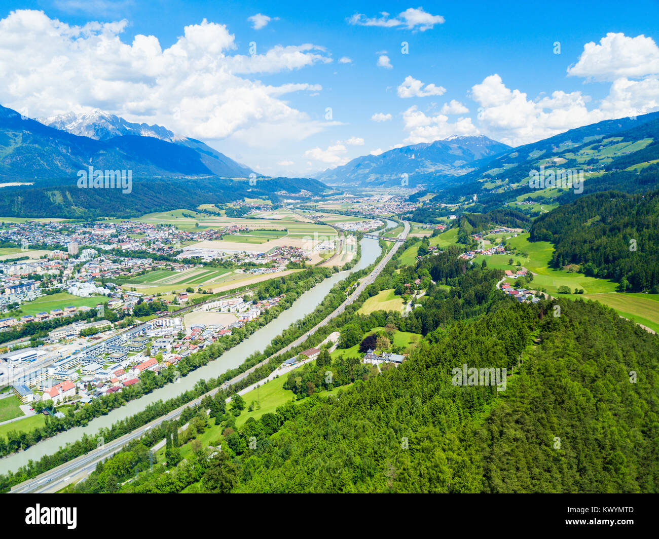 Hall in Tirol and Inn river aerial panoramic view, Austria. Hall in ...