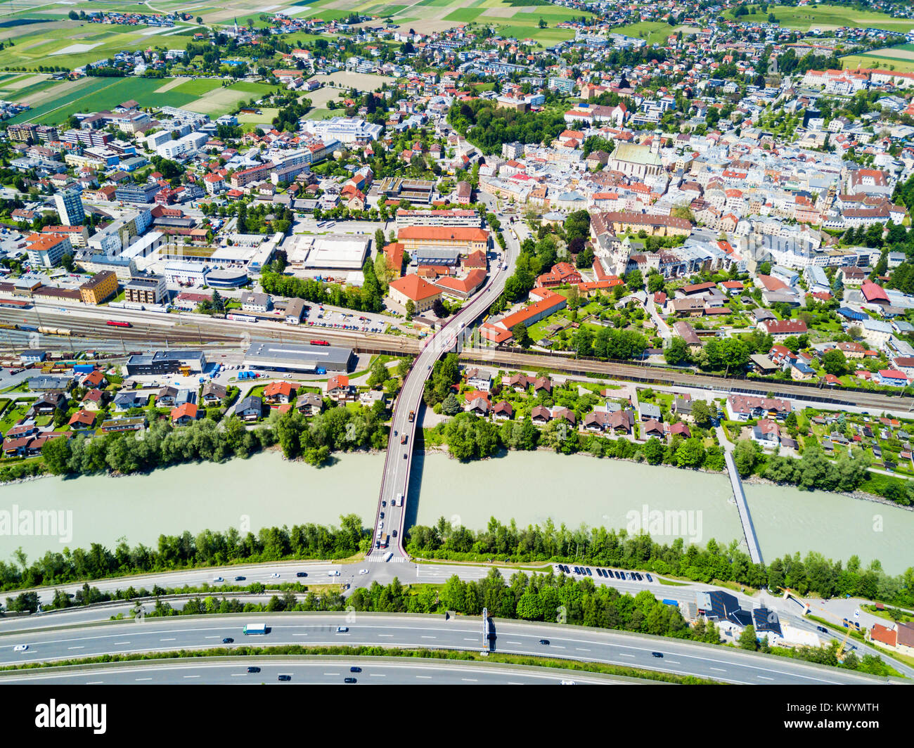 Hall in Tirol and Inn river aerial panoramic view, Austria. Hall in ...