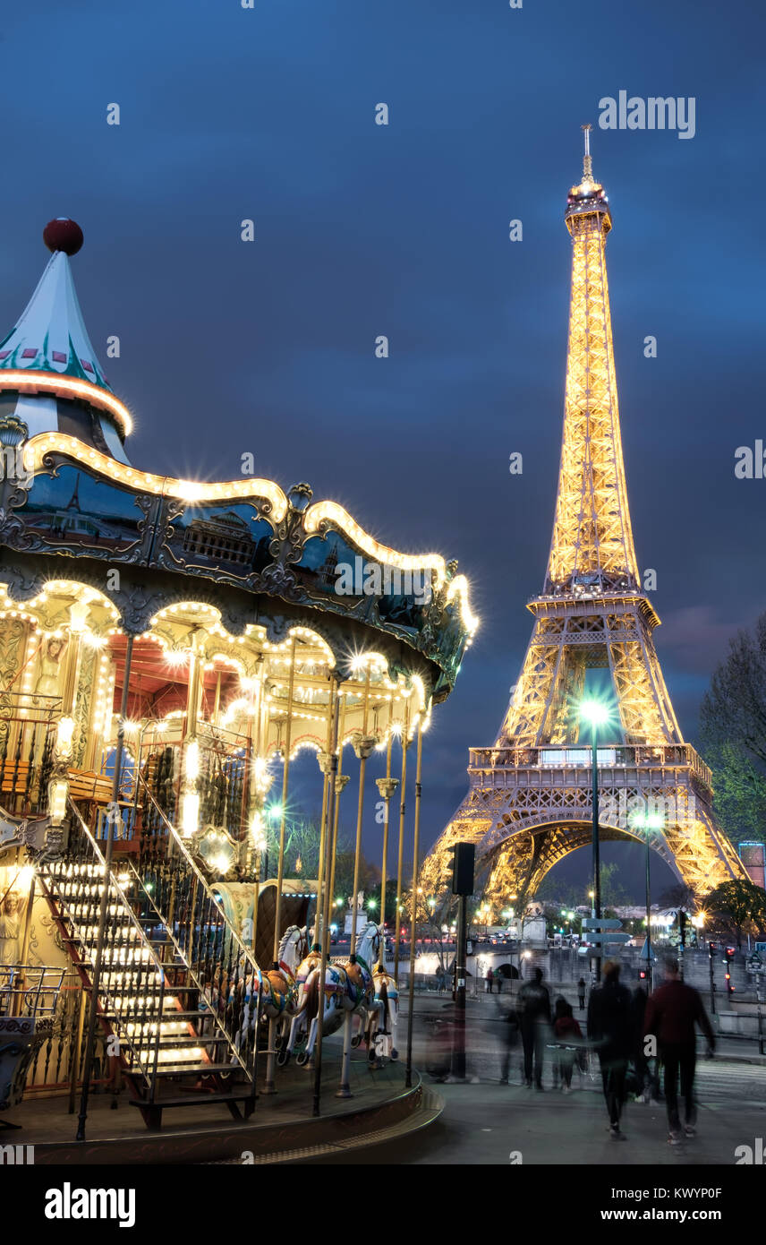 PARIS, FRANCE - APRIL 17, 2014: Illuminated vintage carousel close to ...