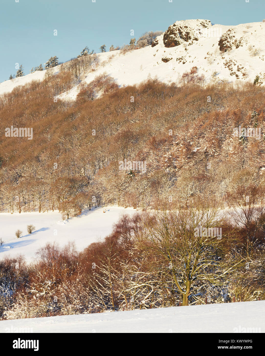 Southern side of the Wrekin Hill lit in morning light at winter ...