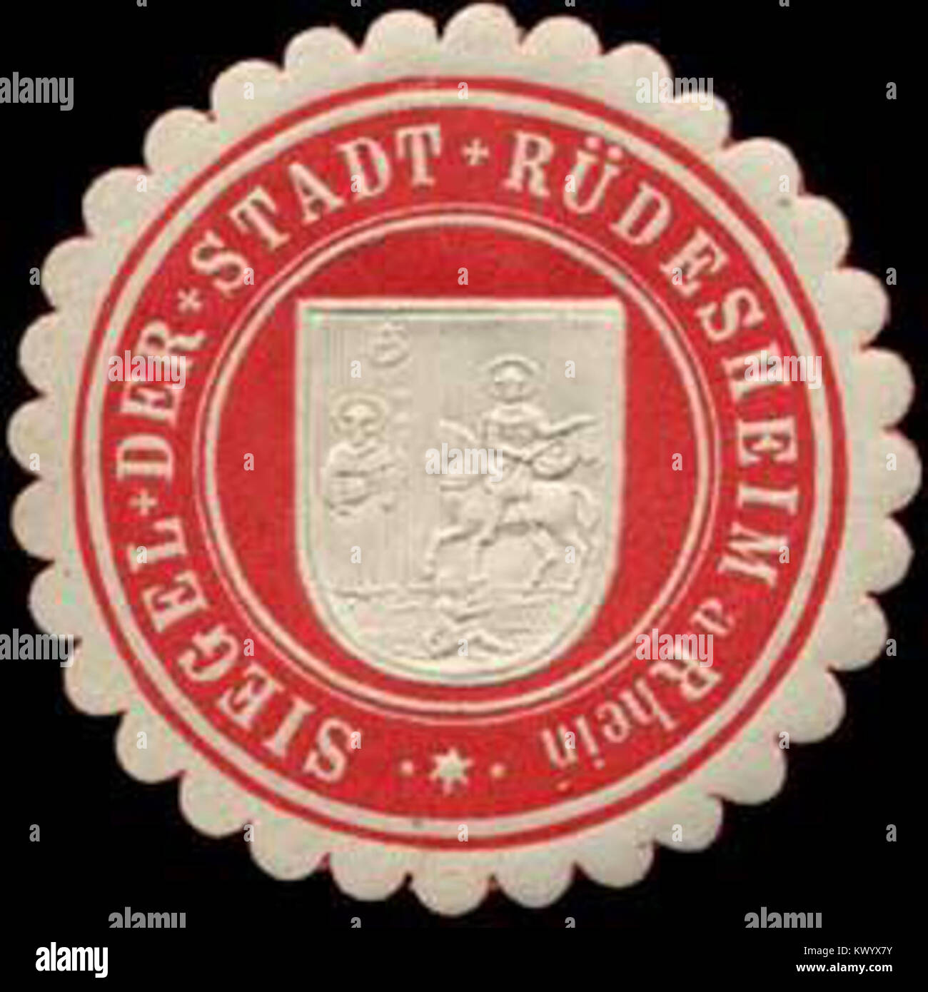 A historic seal from the city of Rüdesheim, Germany, reflecting the ...