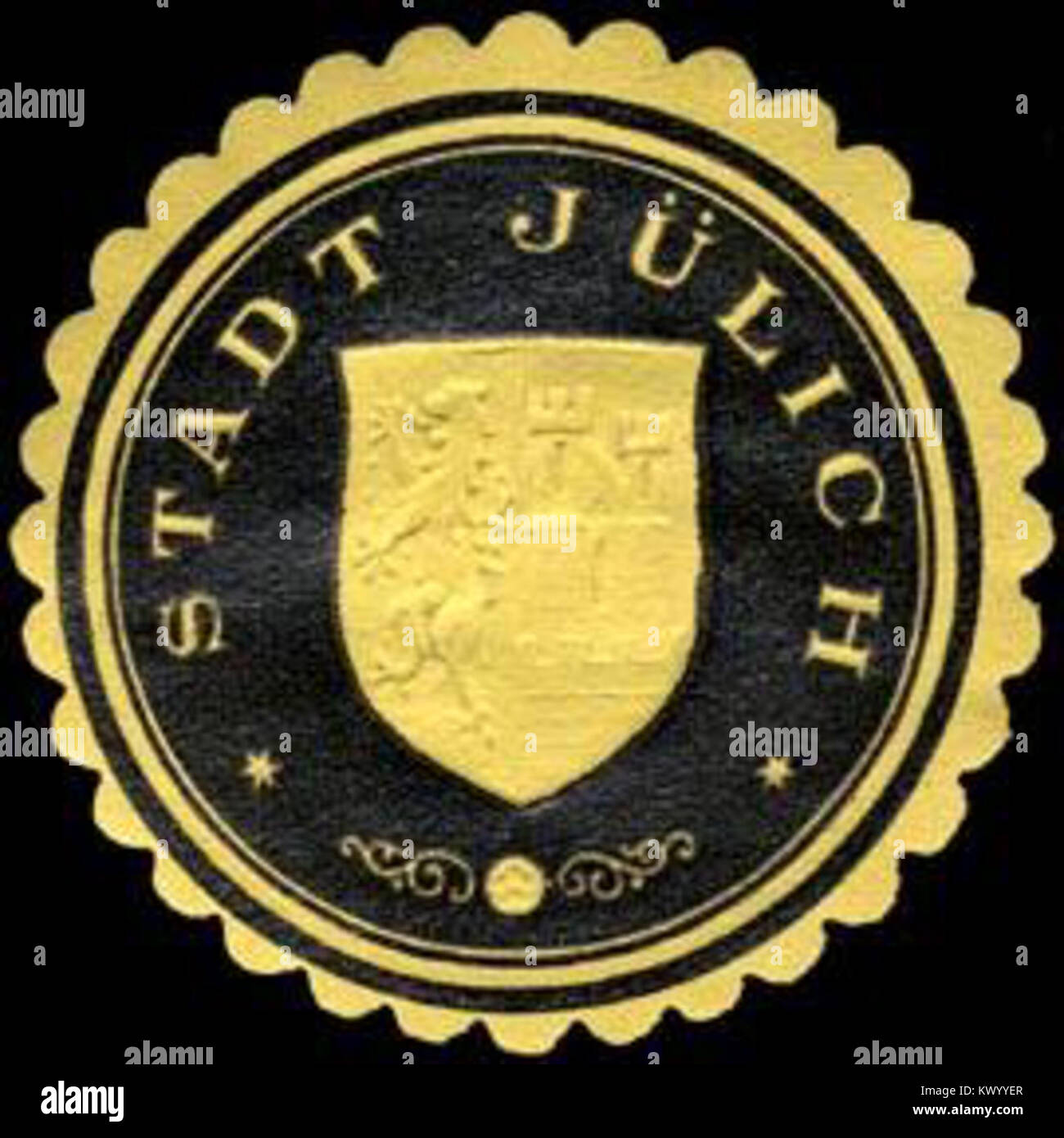 A historical postal mark from the city of Jülich, Germany, used for ...