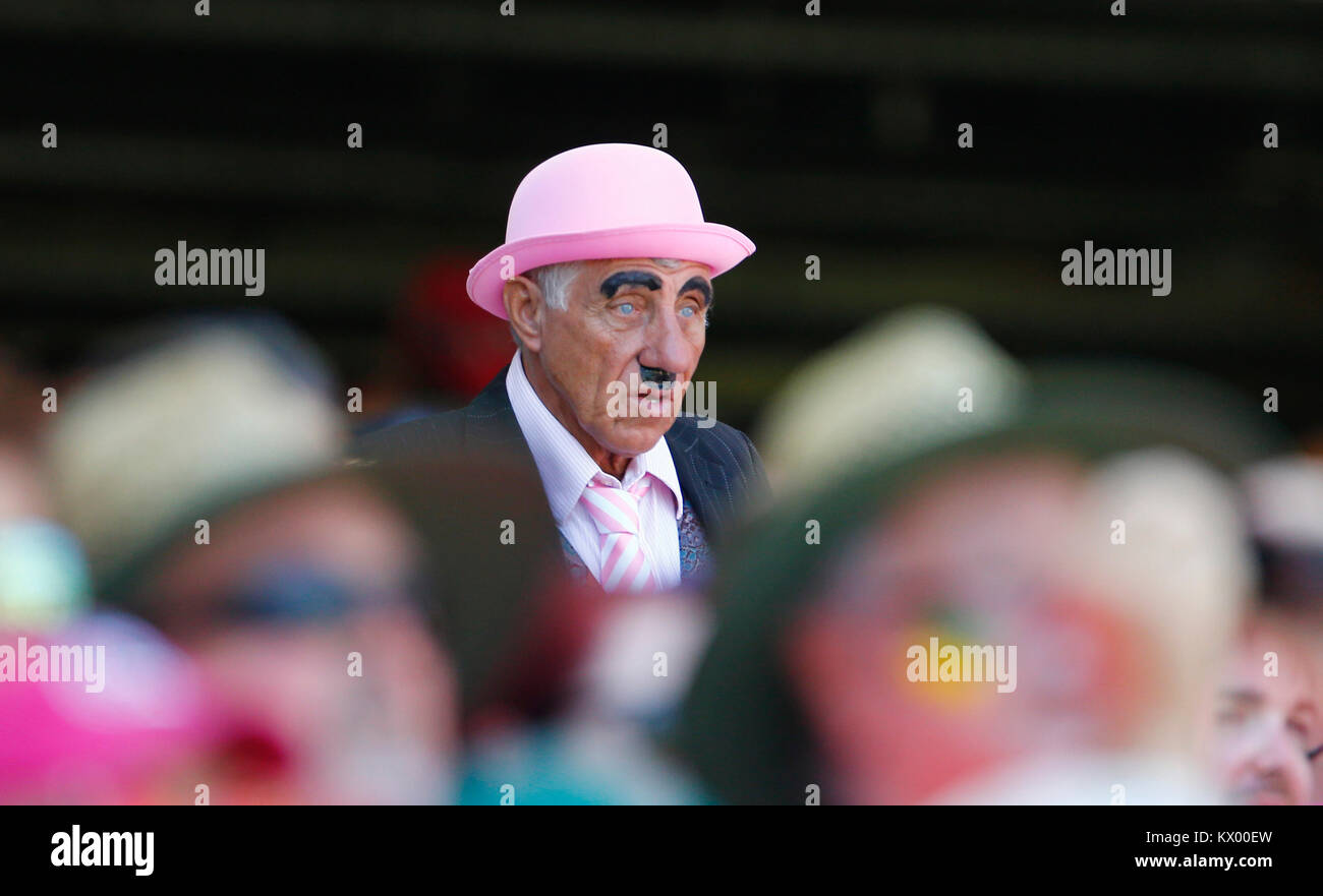 A fan dressed as Charlie Chaplin looks on during day two of the Ashes ...