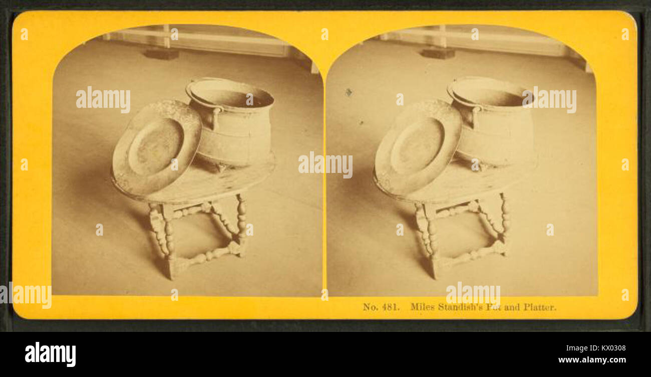 The image depicts a historical representation of Miles Standish's pot ...