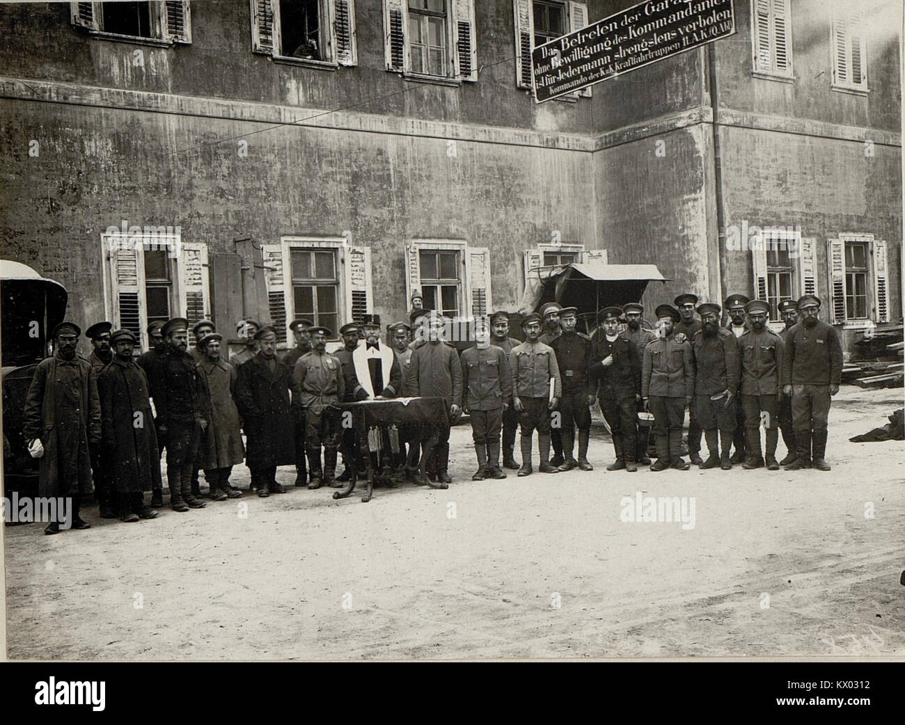 A historical image of a military church service showing soldiers ...