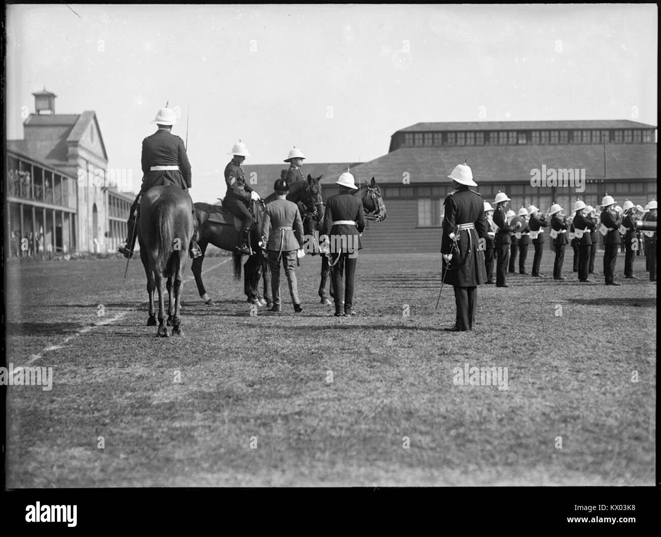 This photograph captures a military parade at Victoria Barracks ...