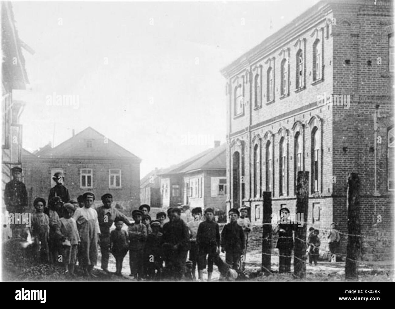 This photograph shows the synagogue courtyard in Mir, Belarus ...