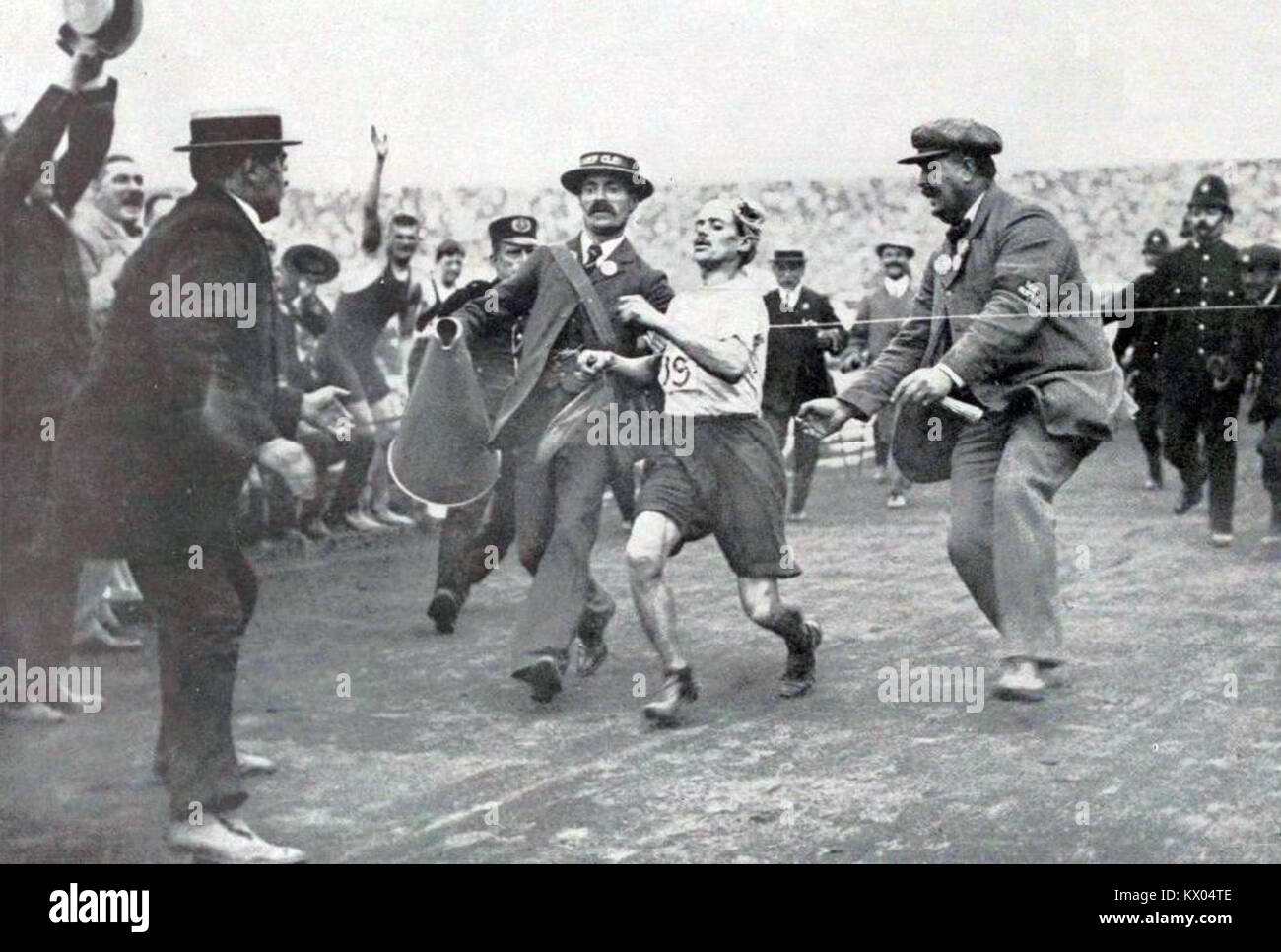 Photograph showing Italian athlete Dorando Pietri arriving at the 1908 ...