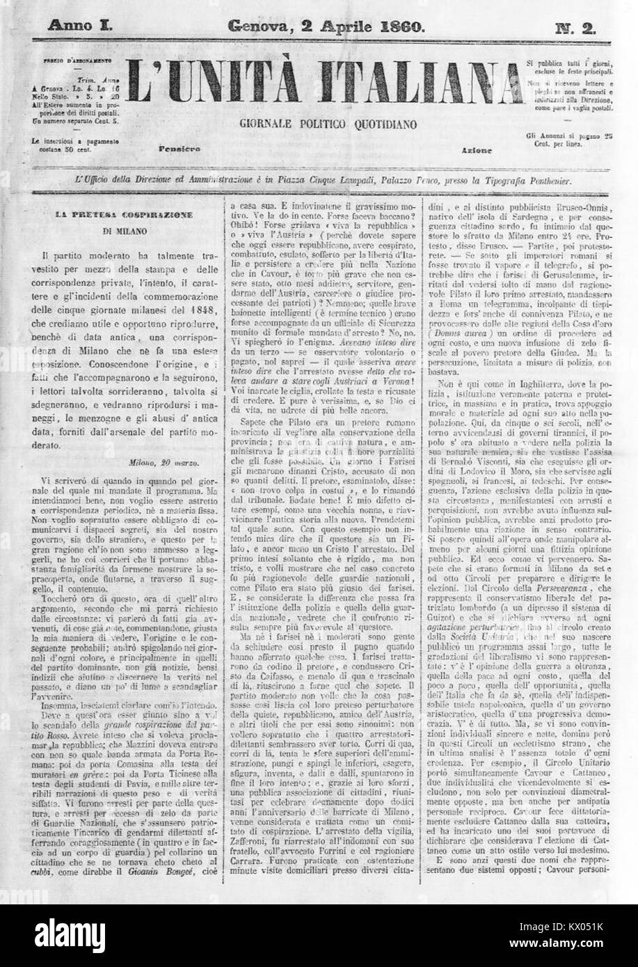 This historical reference to 'L'Unité Italiana' from April 2, 1860 ...