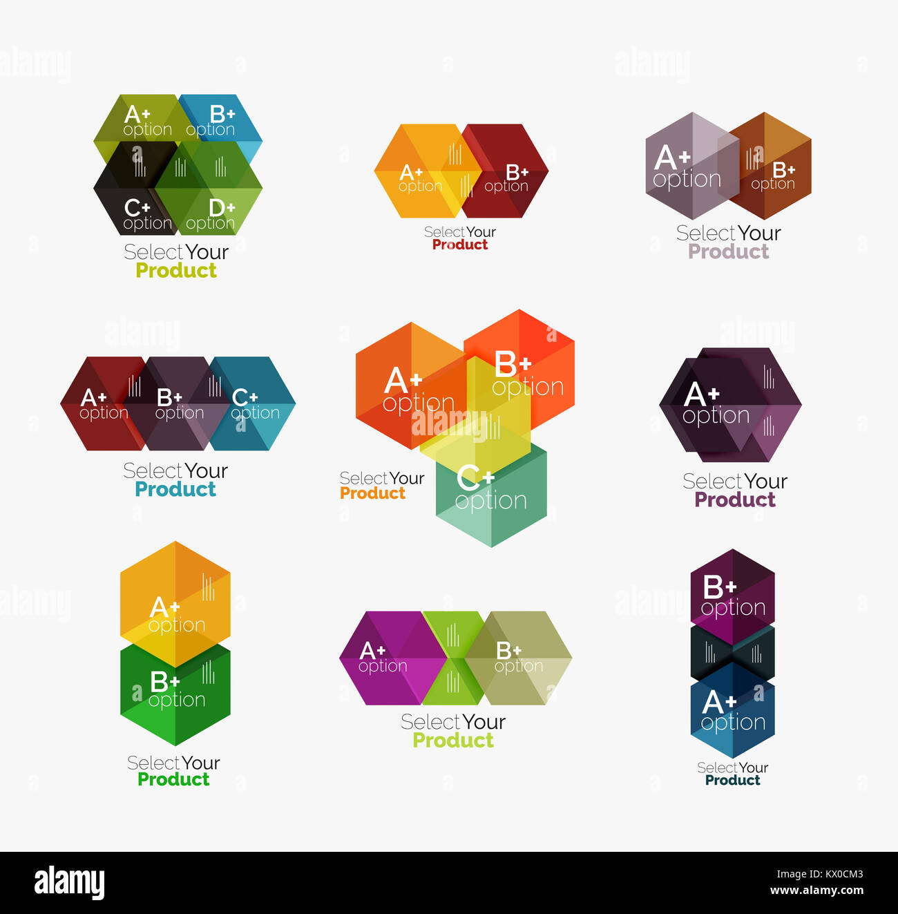 Set of abstract geometric hexagon design with options and text ...