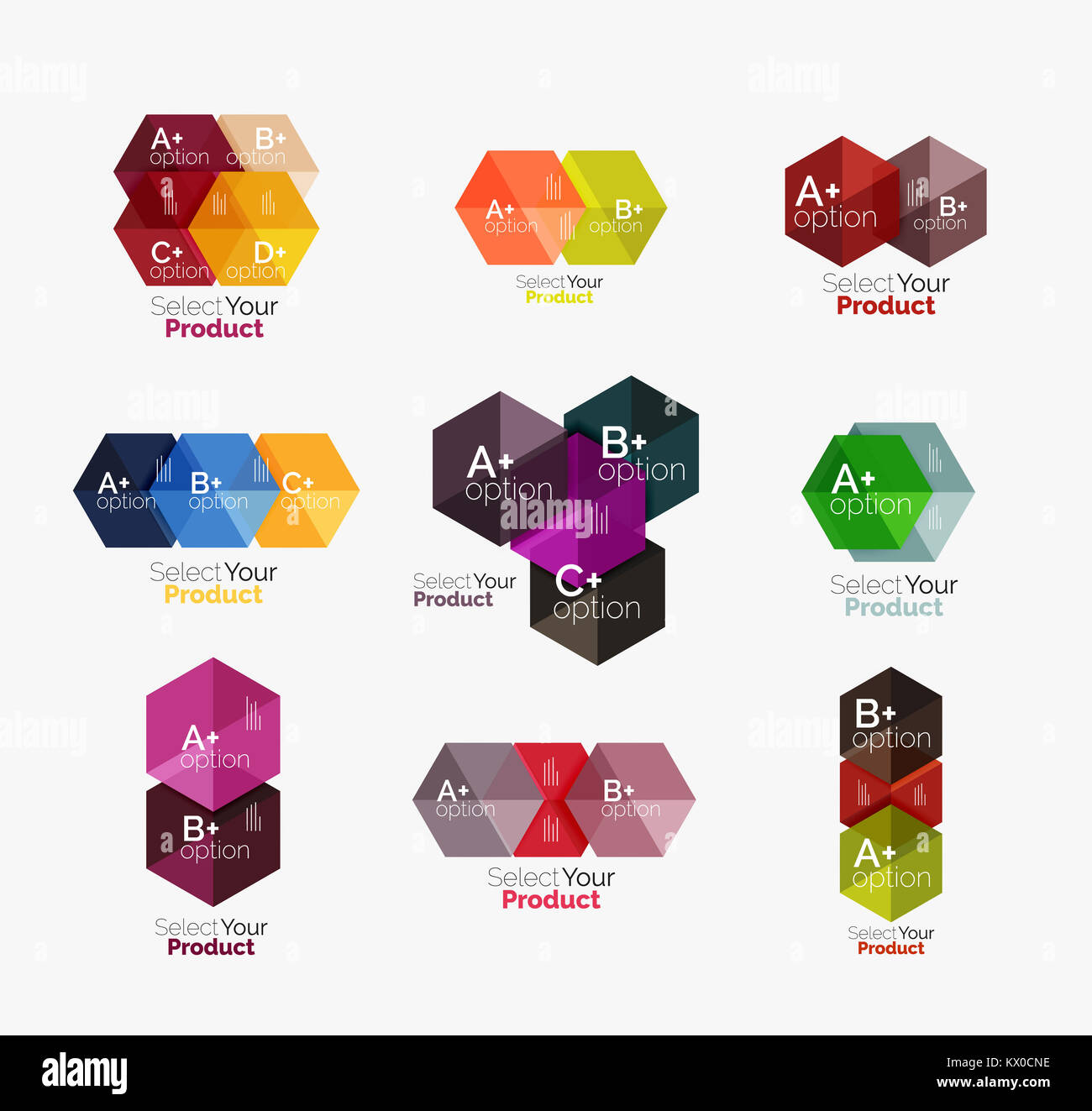 Set of abstract geometric hexagon design with options and text ...