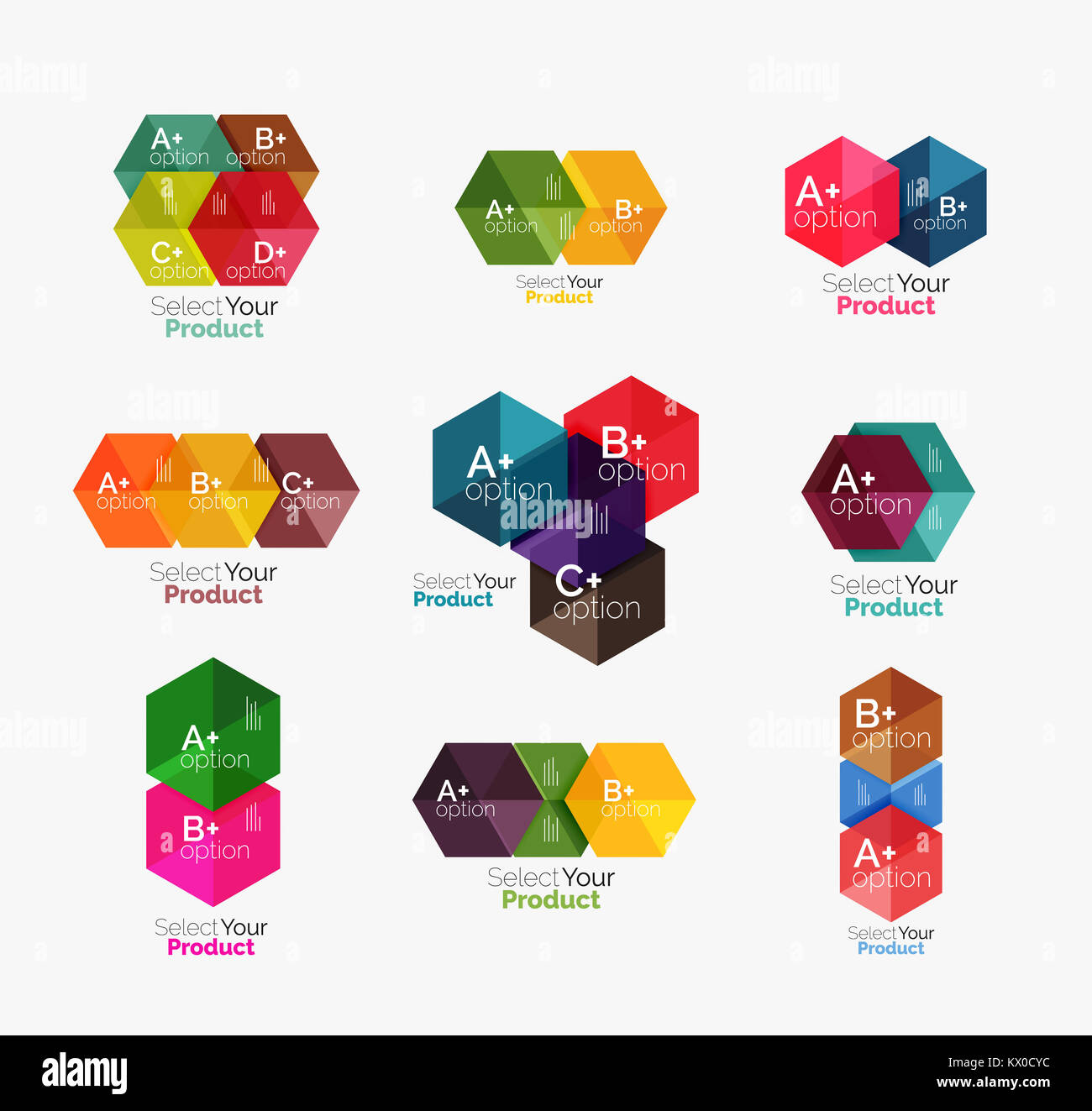 Set of abstract geometric hexagon design with options and text ...