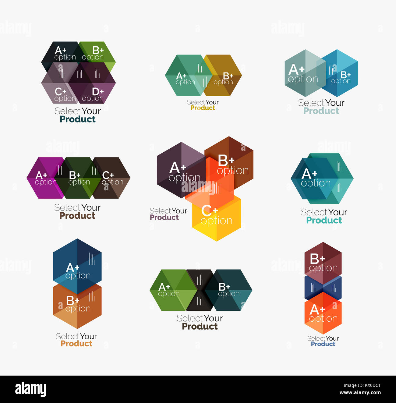 Set of abstract geometric hexagon design with options and text ...