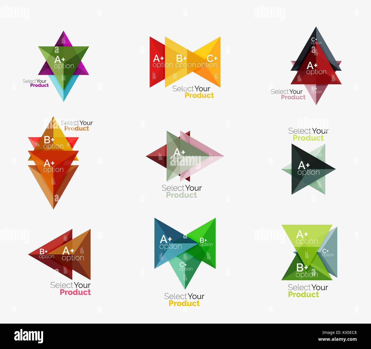 Set of triangle layouts with text and options. Elements of business ...