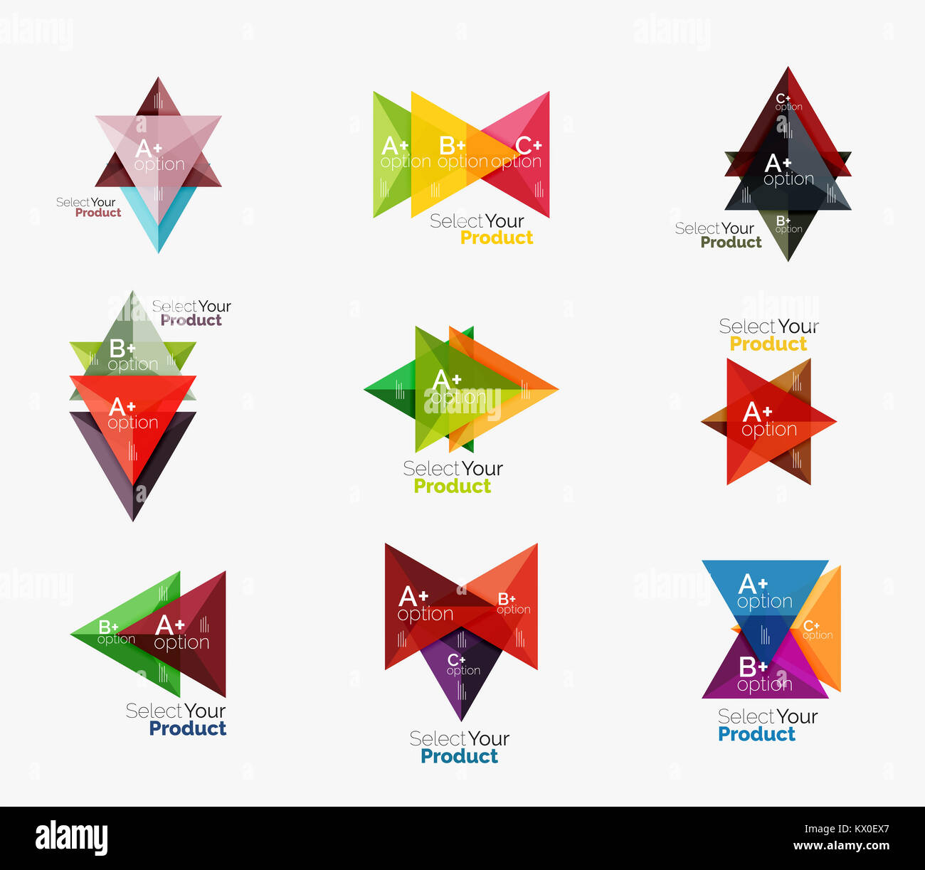 Set of triangle layouts with text and options. Elements of business ...