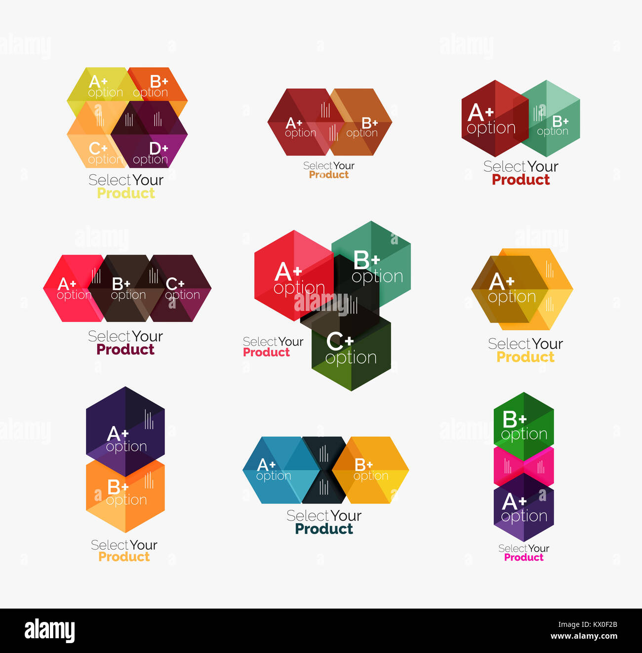 Set of abstract geometric hexagon design with options and text ...
