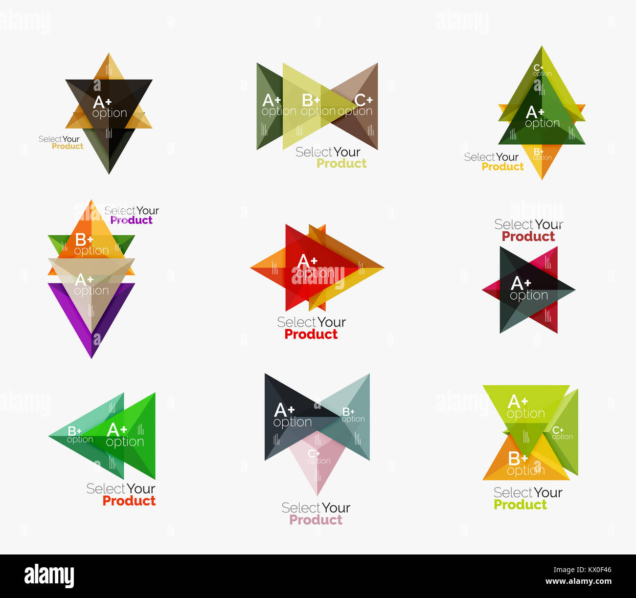 Set of triangle layouts with text and options. Elements of business ...